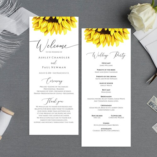 Sunflower Fan Program Printable Summer Ceremony Template | Etsy