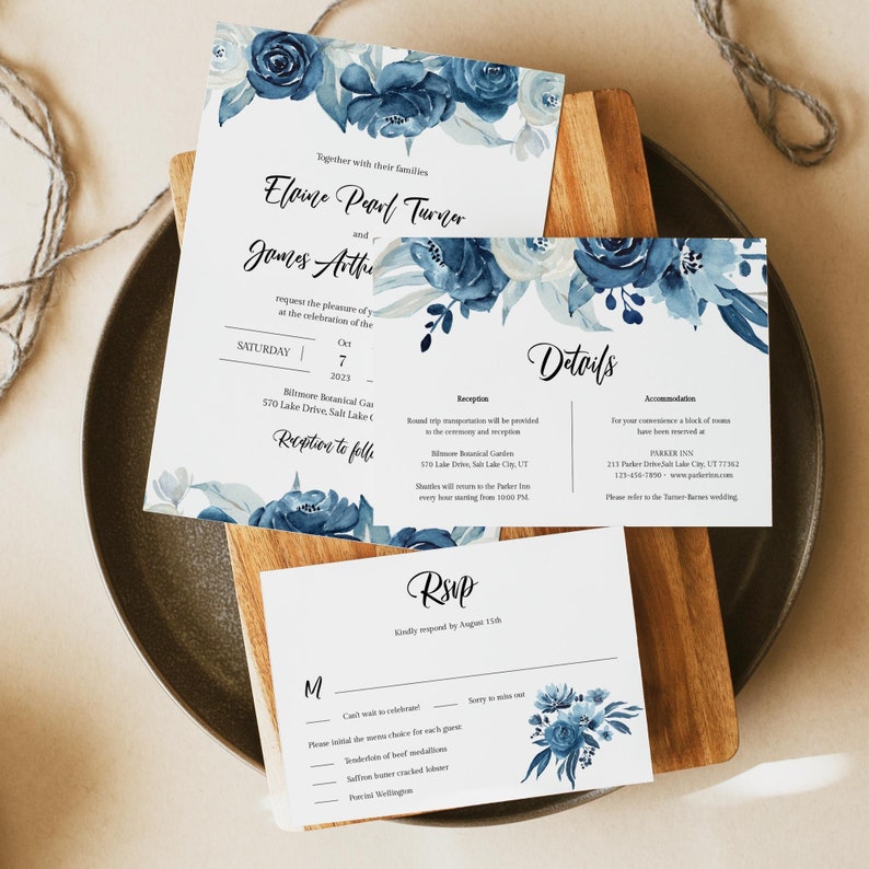 Blue and Silver Wedding Invitation Template 5 Piece Set - Etsy