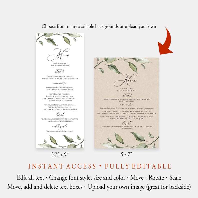 Greenery Wedding Menu Template Fully Editable 5x7 3.75x9 - Etsy