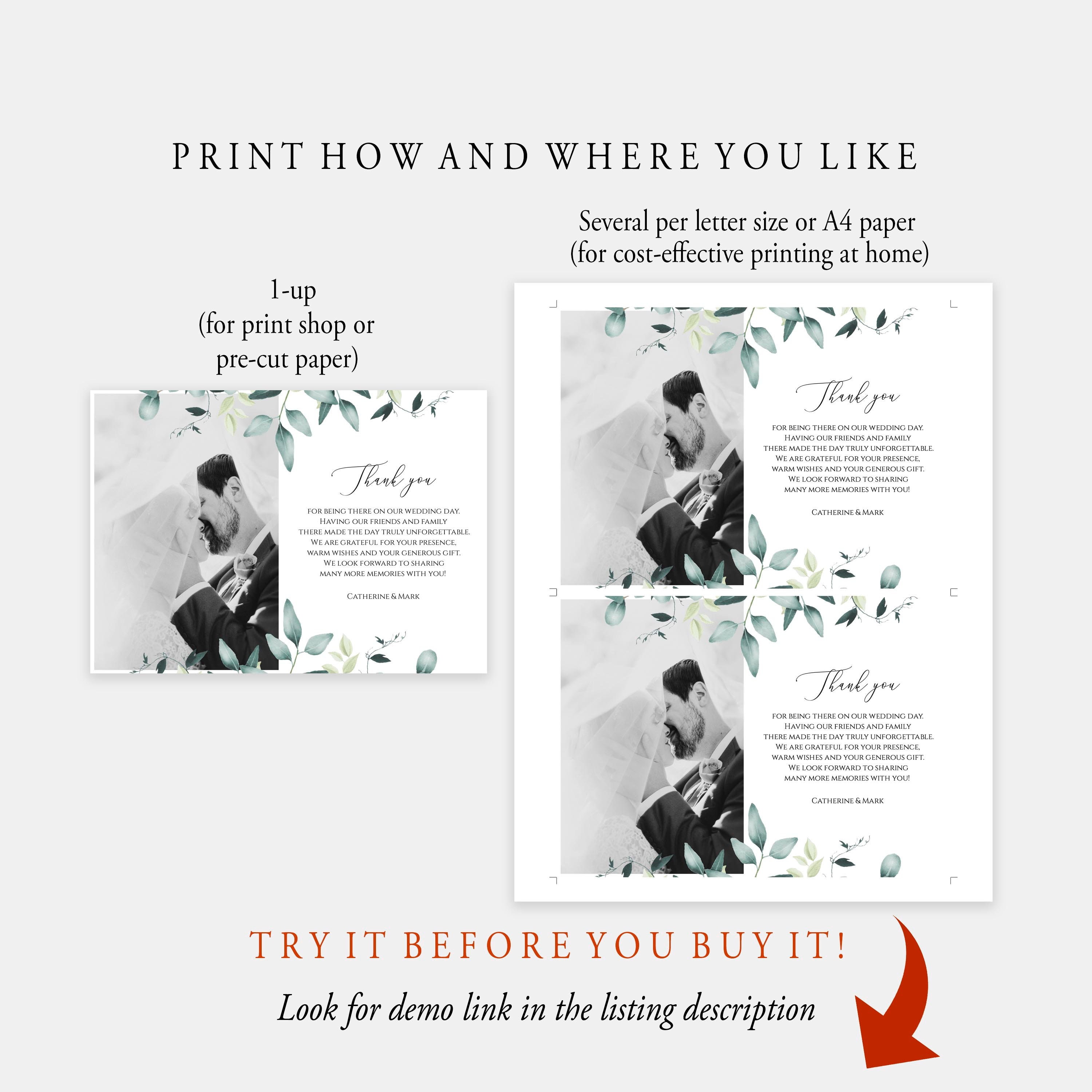 Eucalyptus Photo Thank You Card Template, Wedding Photo Thank You Note ...