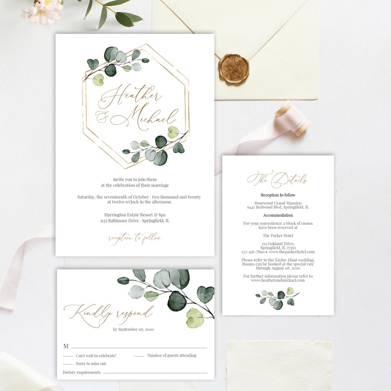 Greenery and Gold Wedding Bundle, Editable Wedding Bundle Templates ...