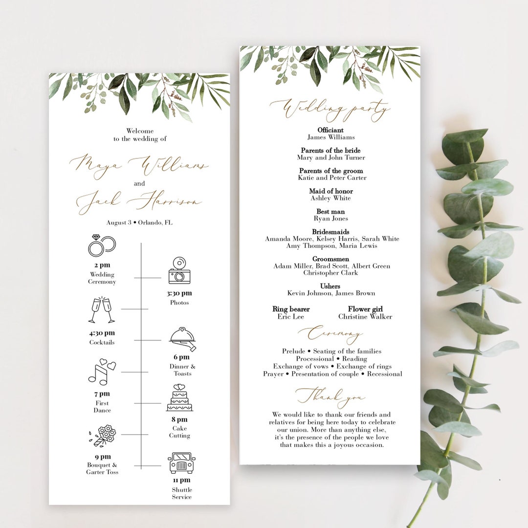 Wedding Timeline Template With Icons, Greenery Wedding Timeline Program ...