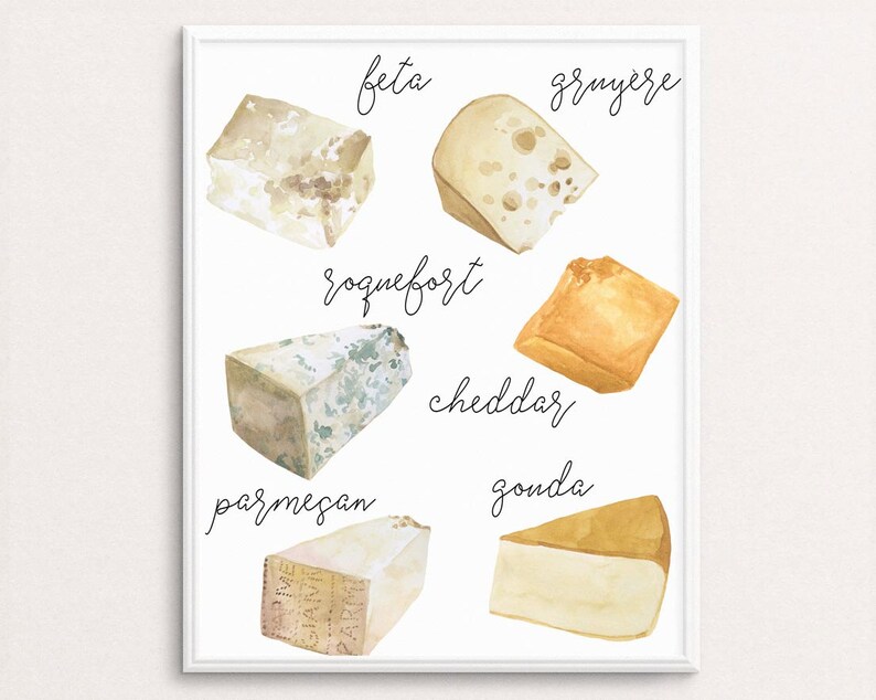 Cheese Varieties Watercolor Cheese Print Cheese | Etsy