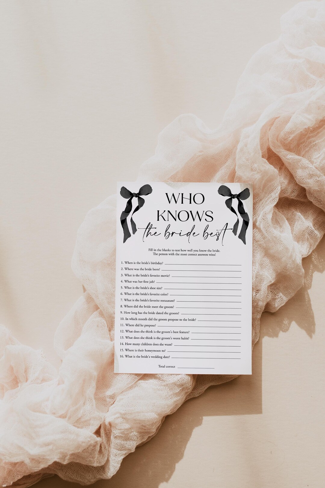 Bow Who Knows the Bride Best Game Black Bow Bridal Shower Quiz Ribbon ...
