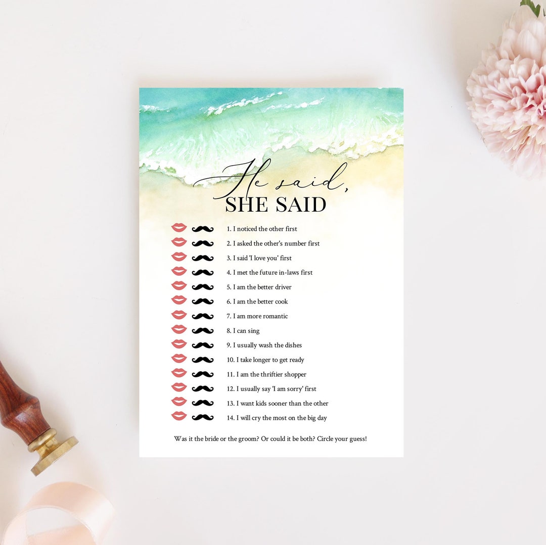 Editable He Said She Said Template, Seashore Bridal Shower Game ...