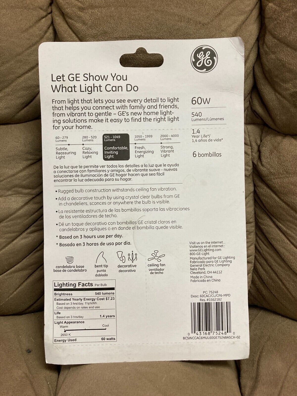 GE Crystal Clear 60W Candlabra Base CA Bulbs Ceiling Fan Decorative (10 ...