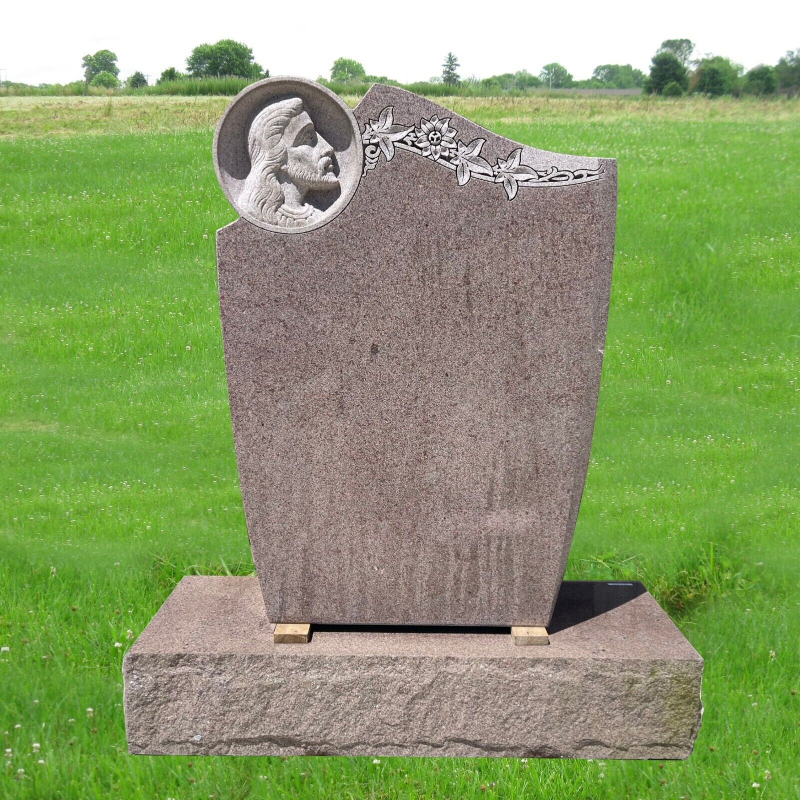 Large Upright Pink Granite Monument Headstone MN-19B | Carved Picture ...