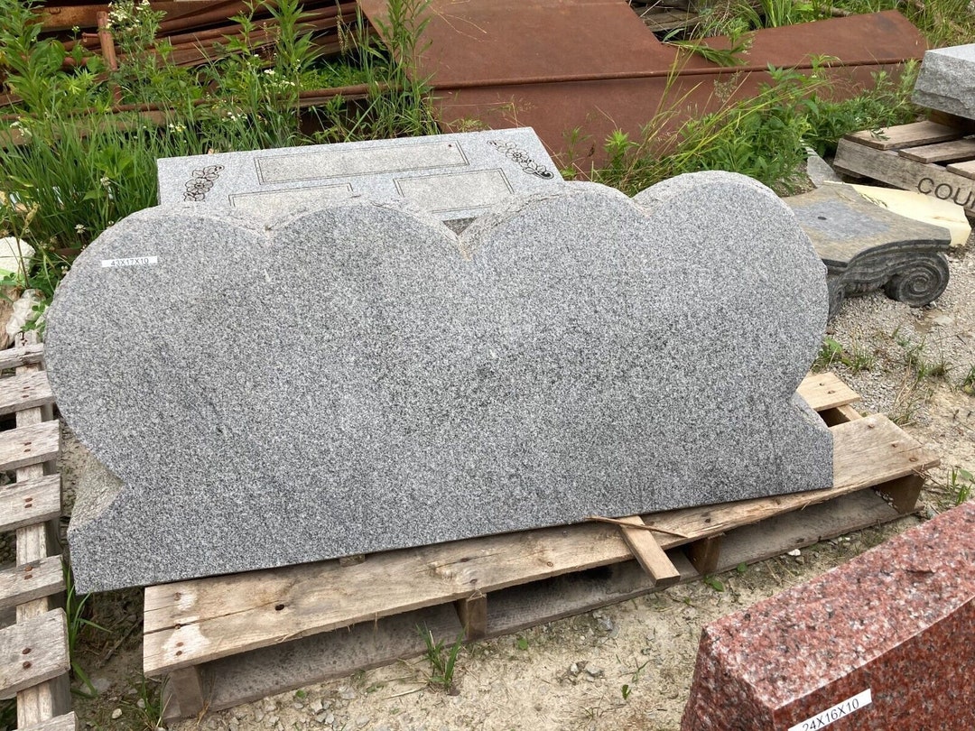 Gray Double Heart Granite Slant Monument Cemetery Headstone - Etsy