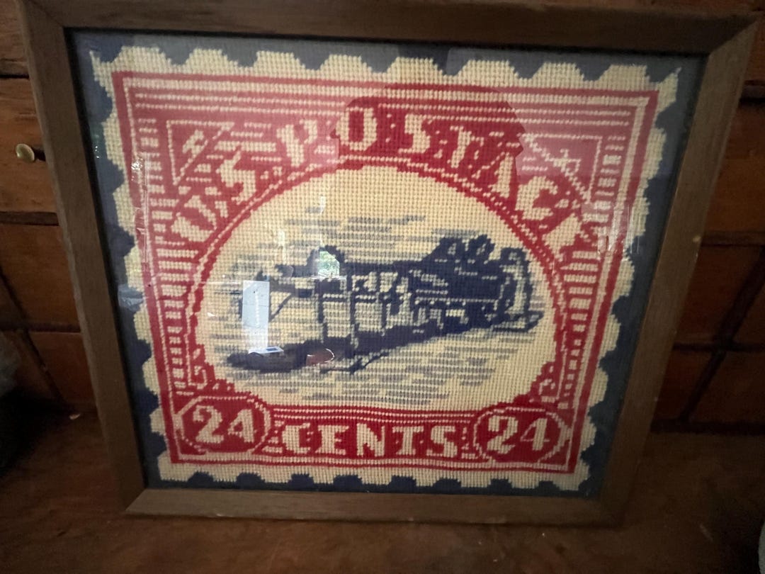 Vintage Hand Crafted Needlepoint Stamp Wall Hanging Framed Needlepoint ...
