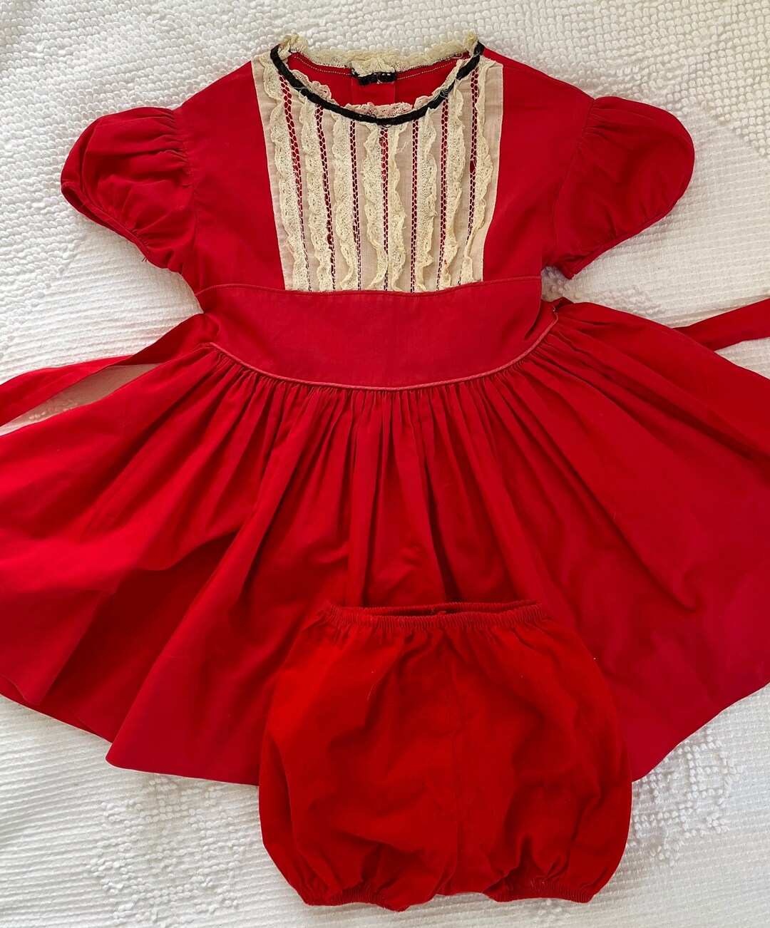 Vintage Red Little Girls Party Dress Tie Back Lace Panel 1960's Retro ...