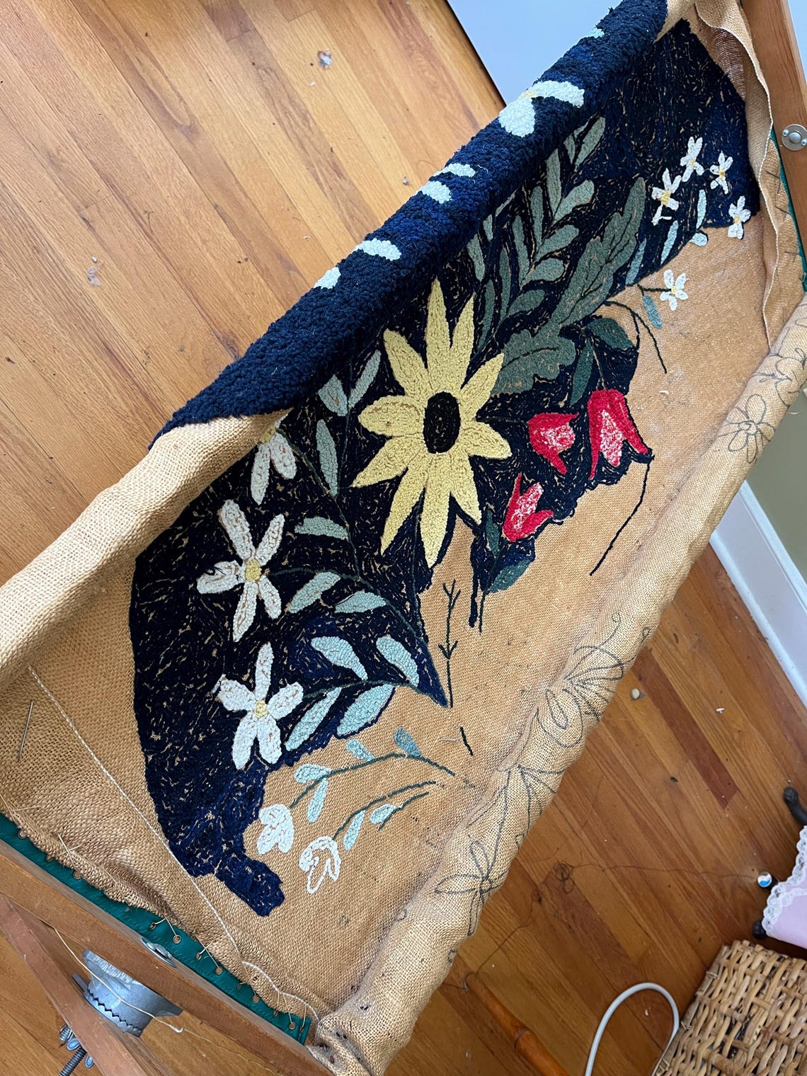 Bliss Adjustable Rug Hooking Frame With Partially Hooked Floral Rug ...