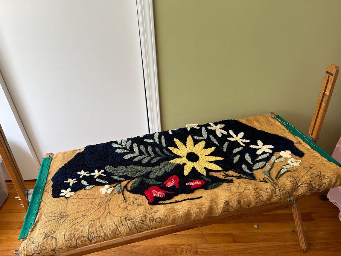 Bliss Adjustable Rug Hooking Frame With Partially Hooked Floral Rug ...