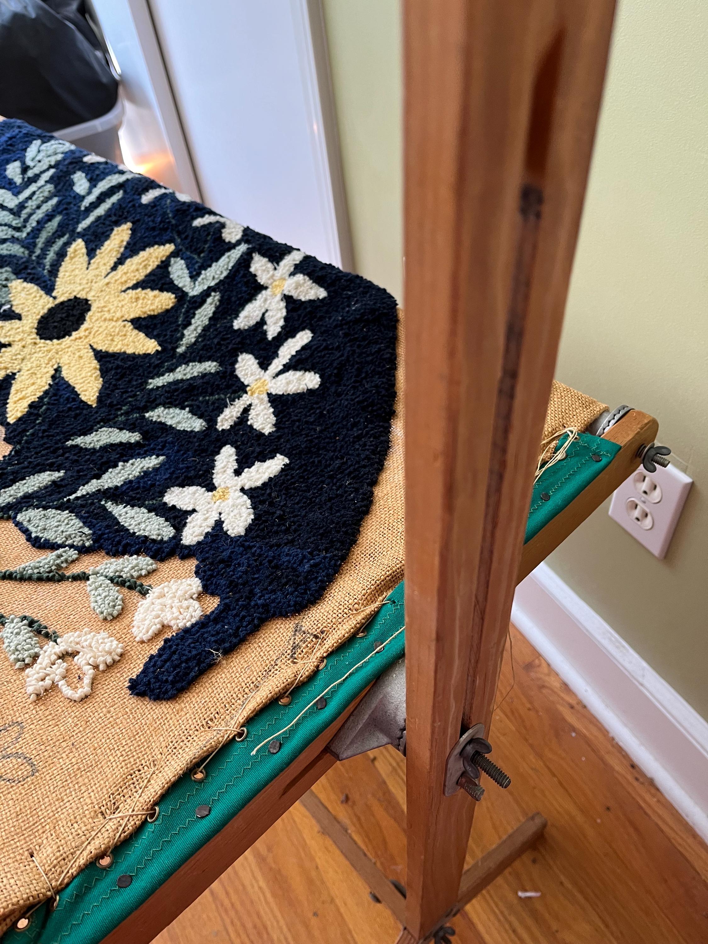Bliss Adjustable Rug Hooking Frame With Partially Hooked Floral Rug ...