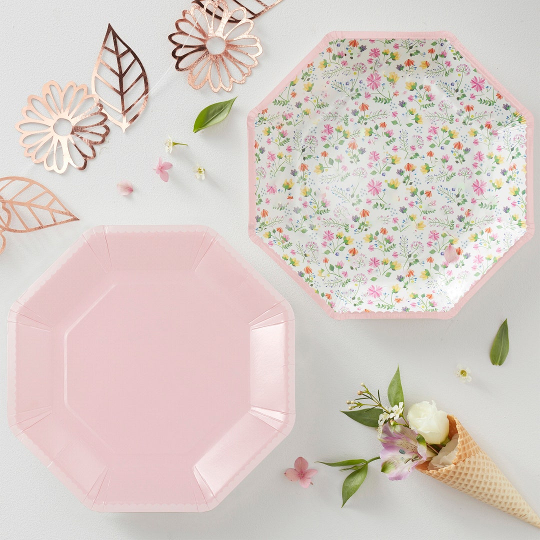 Rose Gold Floral Paper Plate// Flower Party Plates // Polka Dot ...