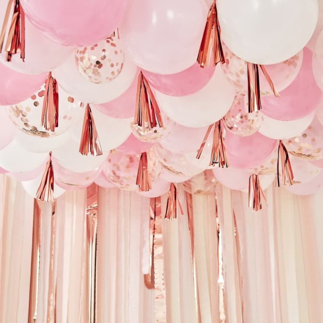 Rose Gold Balloon Ceiling Decoration Kit: Confetti Balloons & Tassels ...