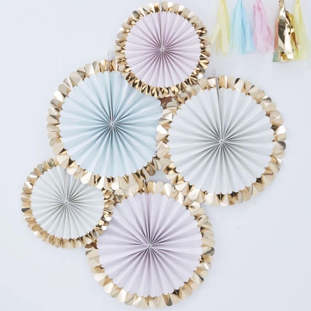 Pastel & Gold Paper Fan Decorations: Baby Shower Party Decor, Set of 5 ...