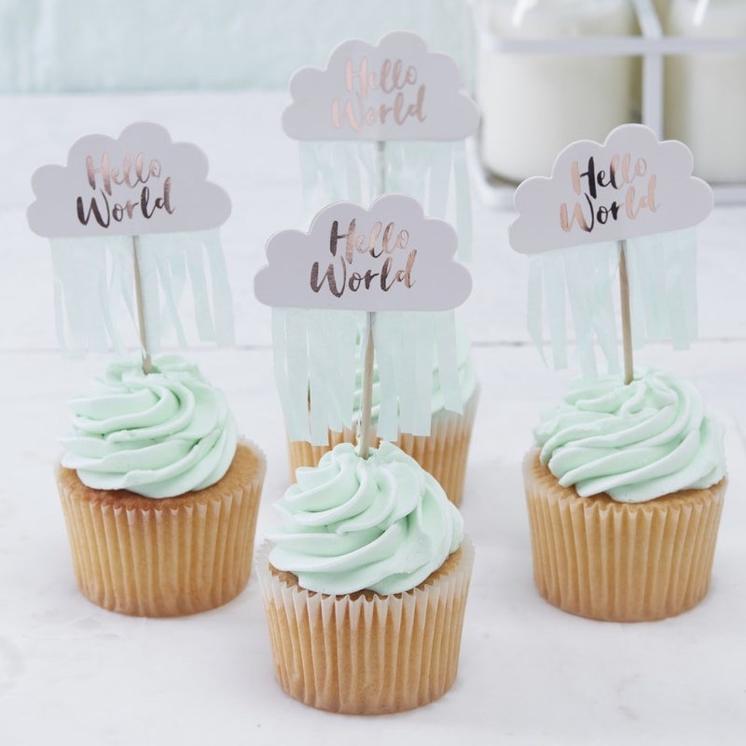 Rose Gold Cloud Baby Shower Cupcake Toppers//hello World//new Baby ...
