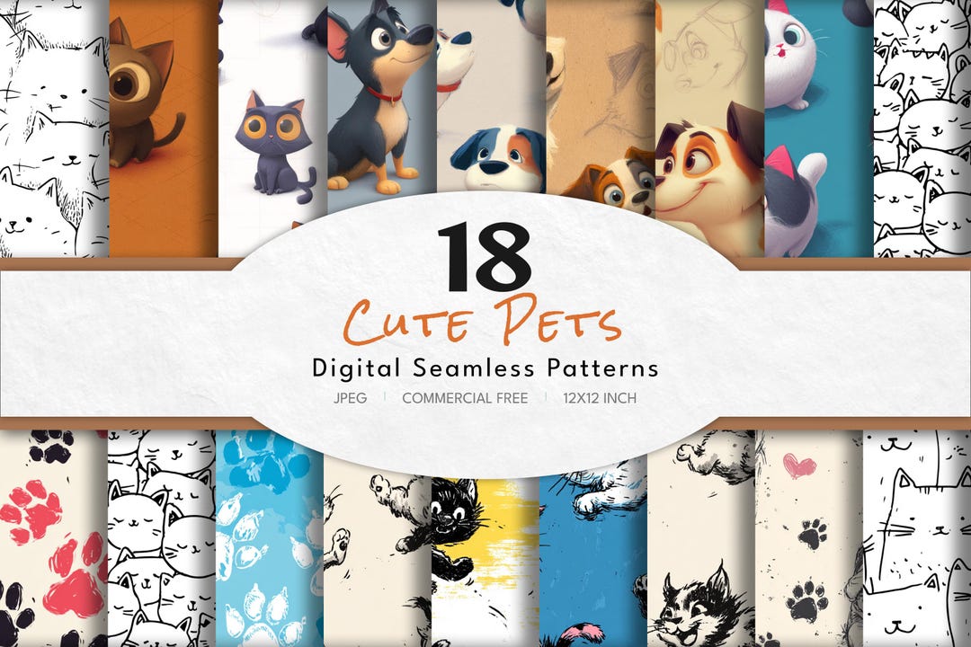 Cute Pets Digital Paper | 18 Seamless Dog & Cat Patterns | Paw Print ...