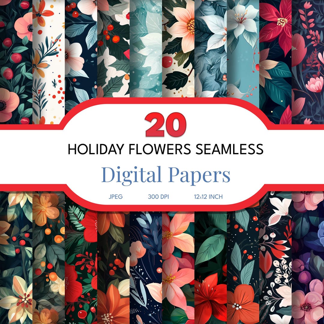 Holiday Floral Digital Paper Pack – 20 Vibrant Christmas Seamless ...