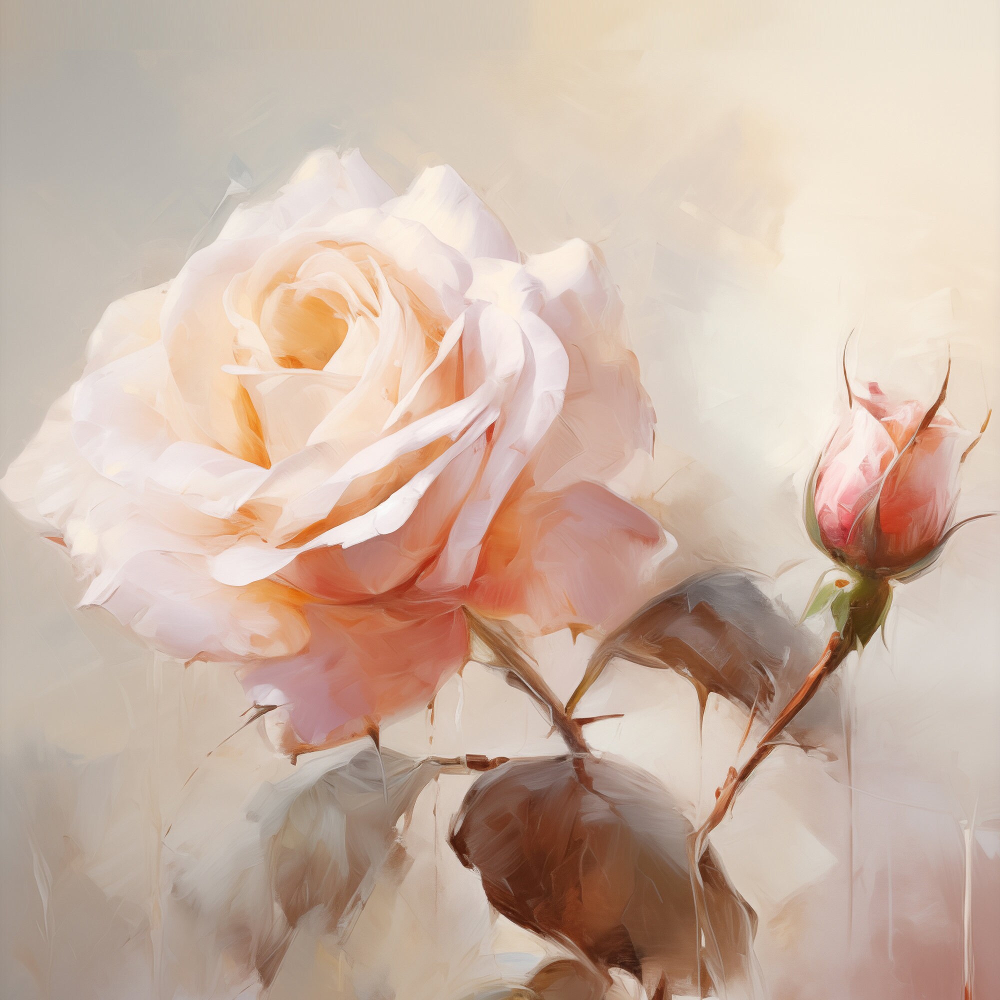 Single Pink Rose Flower Art Oil Painting Portrait, Vintage Moody Spring ...