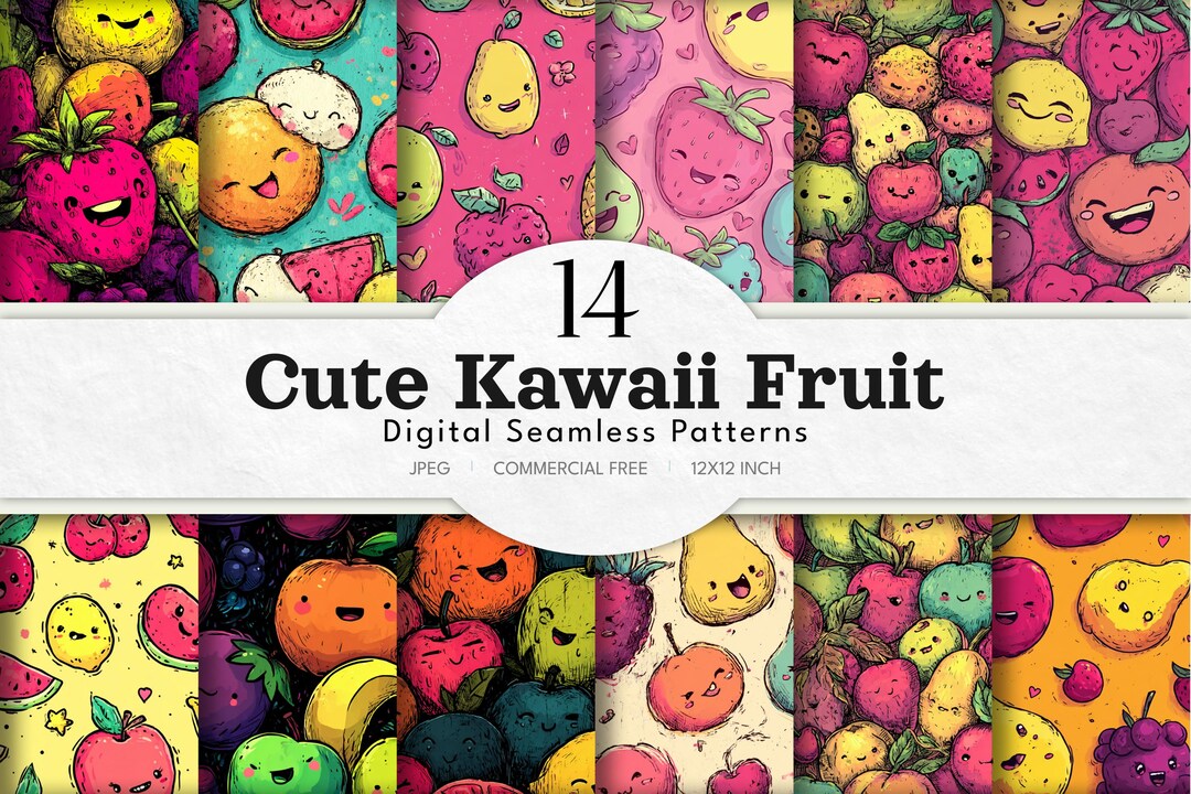 Cute Kawaii Fruits Digital Paper | Seamless Digital Patterns | Colorful ...