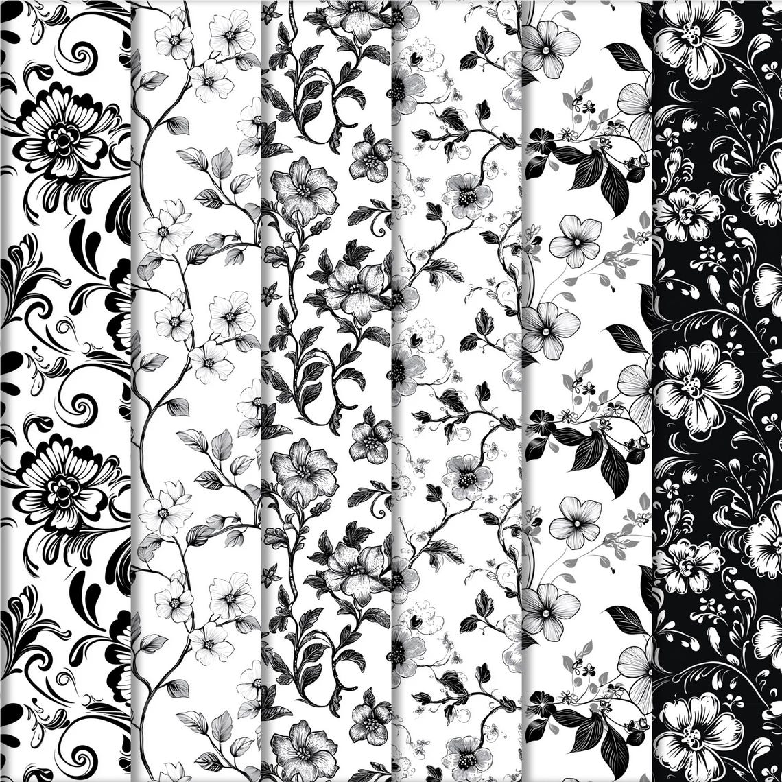 Black & White Flowers Digital Paper | Seamless Patterns | Floral ...