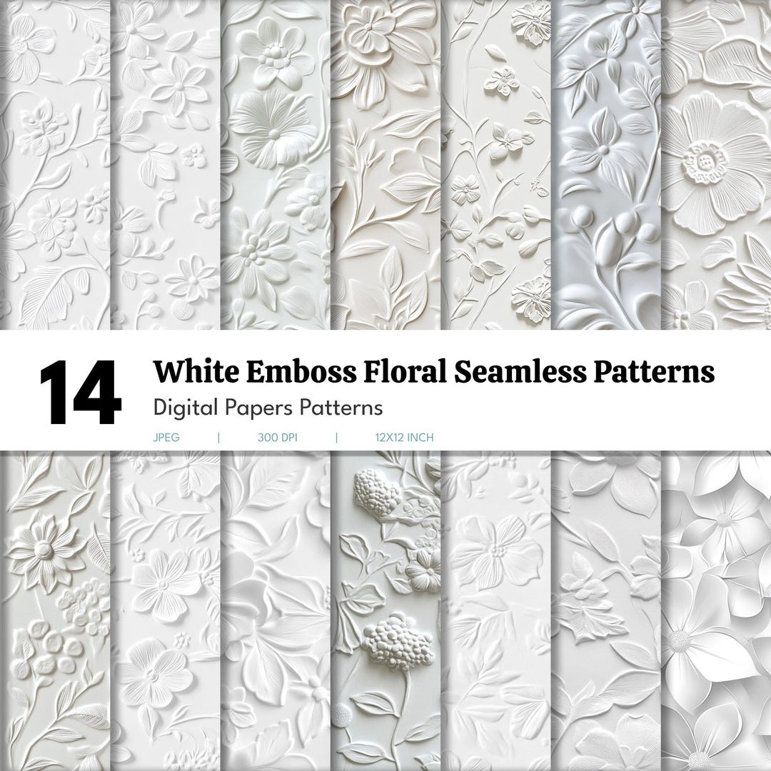 Flowers Digital Paper | Commercial Use | Emboss White Flower ...