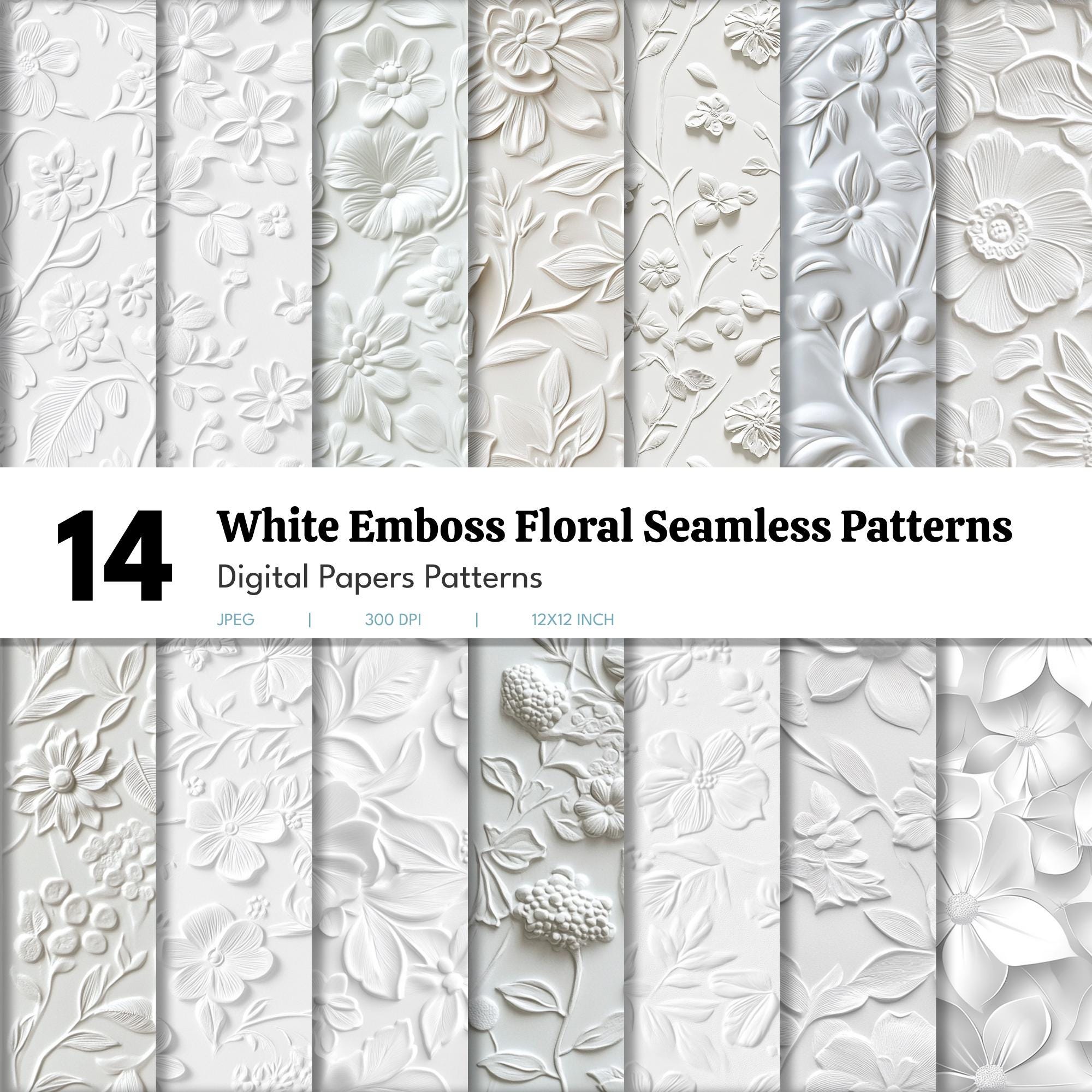 Flowers Digital Paper | Commercial Use | Emboss White Flower ...