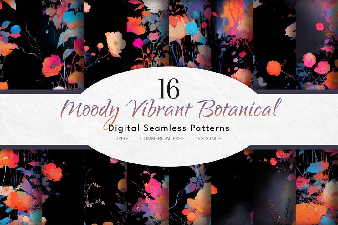 Moody Vibrant Botanical Digital Paper | 16 Dark Floral Patterns | Neon ...