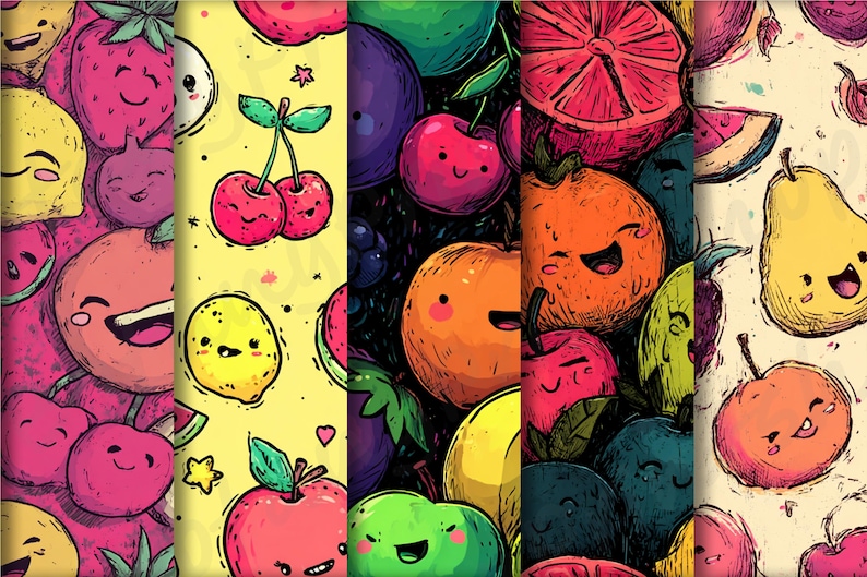 Cute Kawaii Fruits Digital Paper | Seamless Digital Patterns | Colorful ...