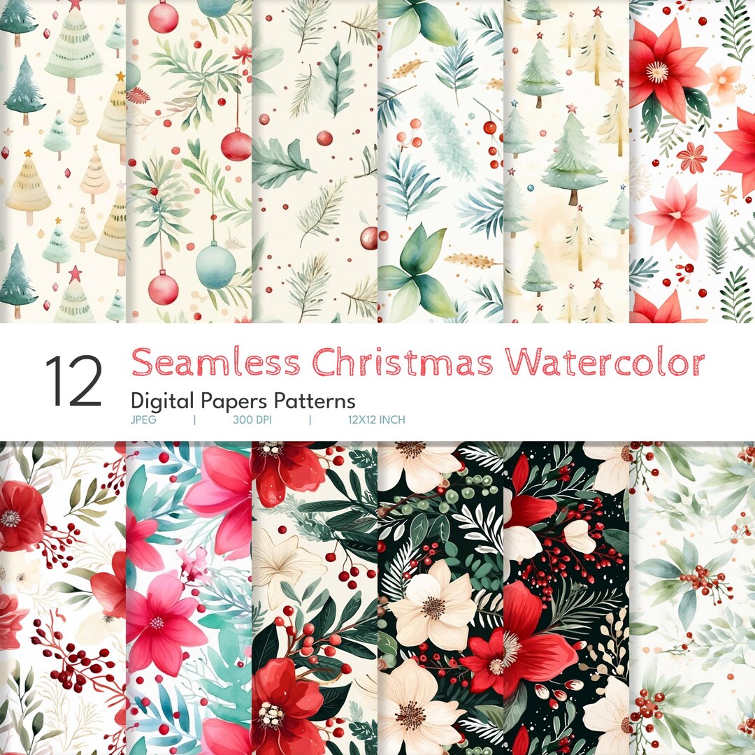 12 Christmas Watercolor Seamless Digital Paper - Christmas Digital ...