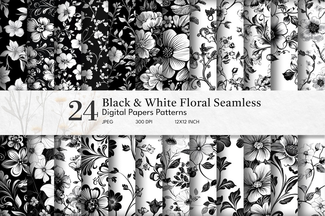 Black & White Flowers Digital Paper | Seamless Patterns | Floral ...