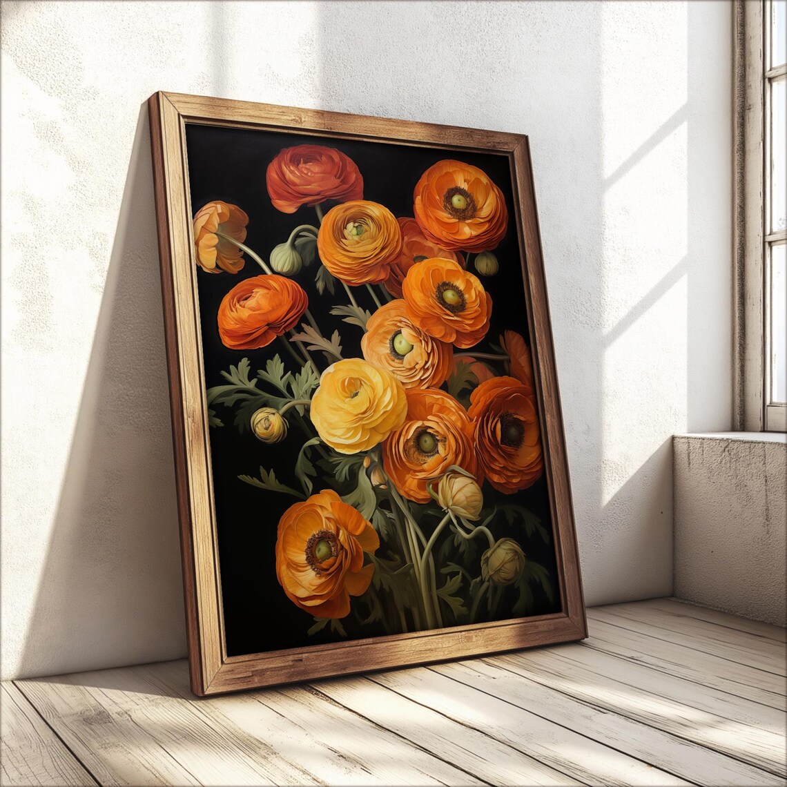 Vintage Ranunculus Flower Oil Painting: Moody Floral Wall Art (digital ...