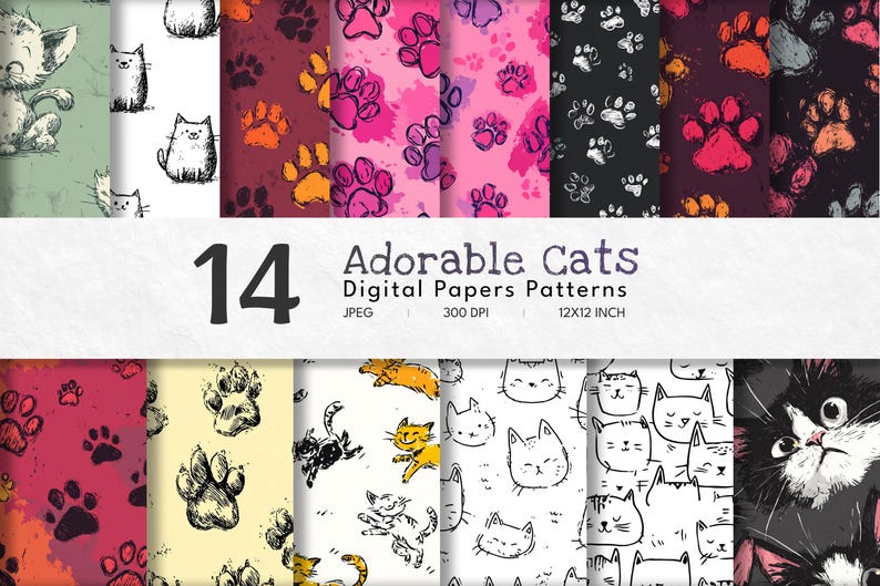 Cute Cat Digital Paper | Paw Seamless Digital Patterns | Cute Feline ...