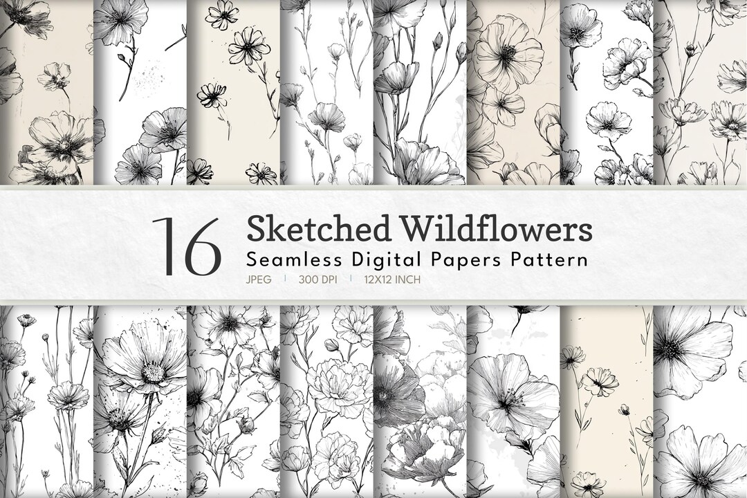 Black & White Flowers Digital Paper | Seamless Patterns | Floral ...