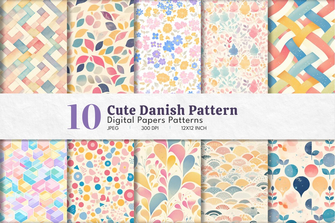 Cute Pastel Danish Digital Paper | Abstract Shapes Seamless Patterns ...