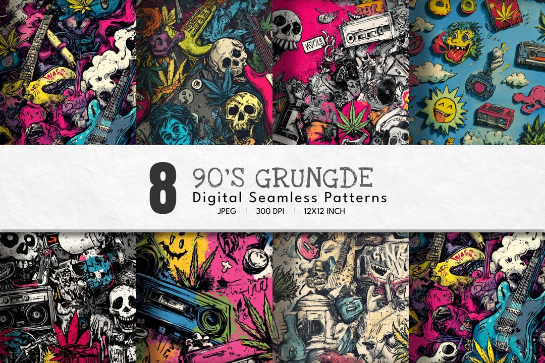 90s Grunge Seamless Pattern Pack • Punk Rock Digital Papers • Neon ...
