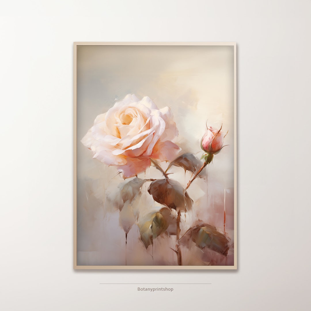 Single Pink Rose Flower Art Oil Painting Portrait, Vintage Moody Spring ...