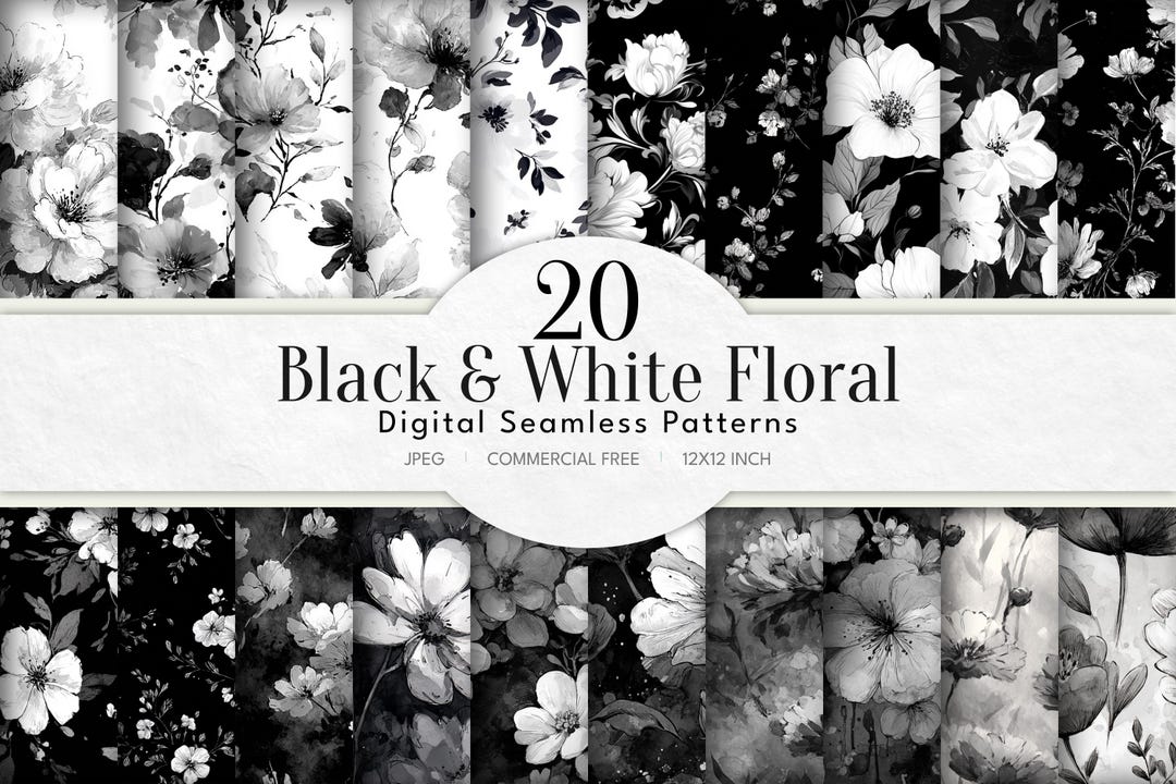 Black & White Flowers Digital Paper | Seamless Patterns | Floral ...