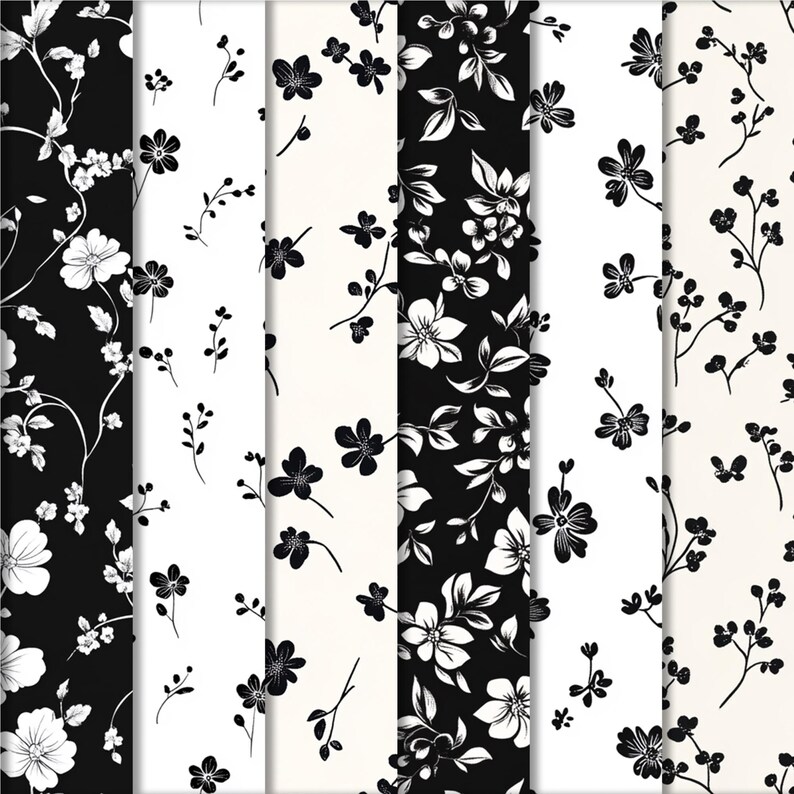 Black & White Flowers Digital Paper Seamless Patterns Floral Background ...