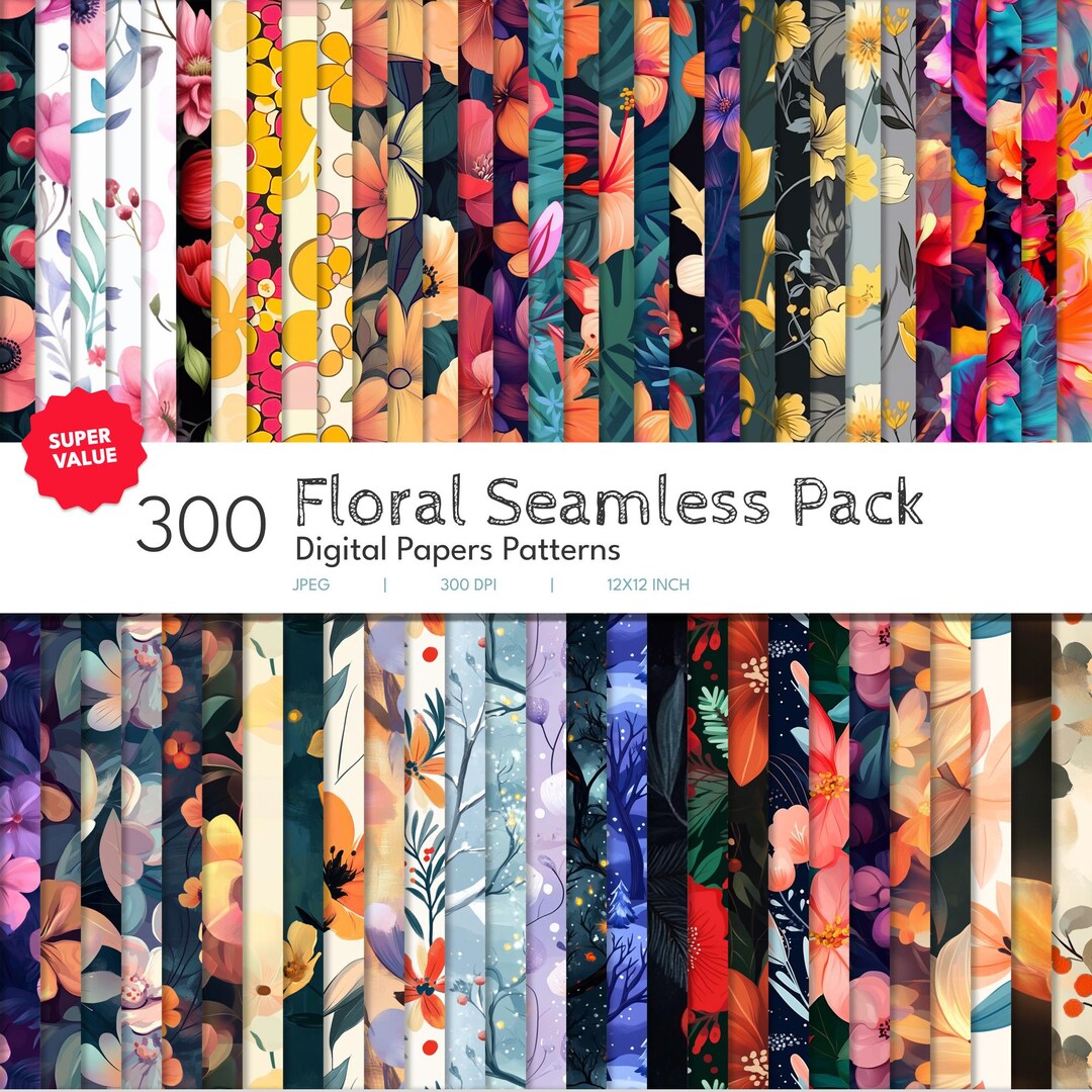 300 Flowers Digital Paper Bundle Pack Seamless Digital Patterns Flower ...