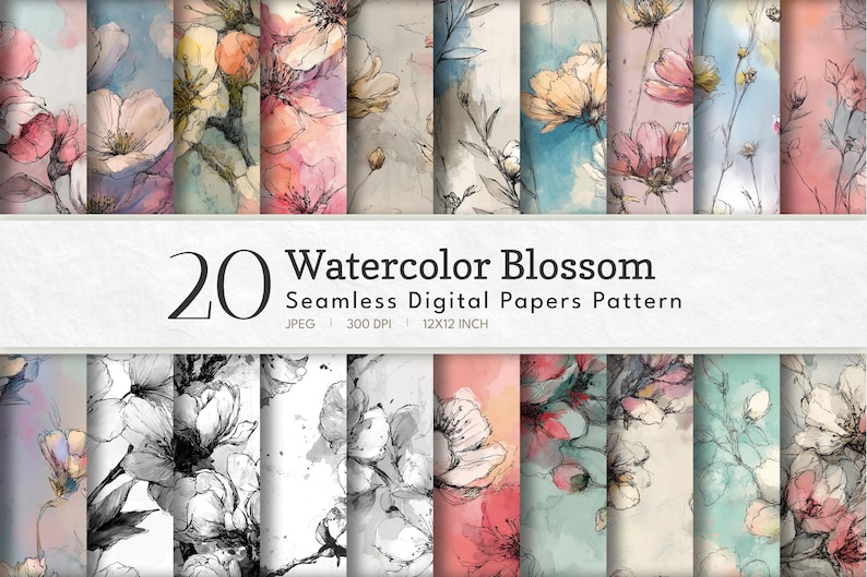 Watercolor Floral Digital Paper Pack: Blossom Patterns (commercial Use ...