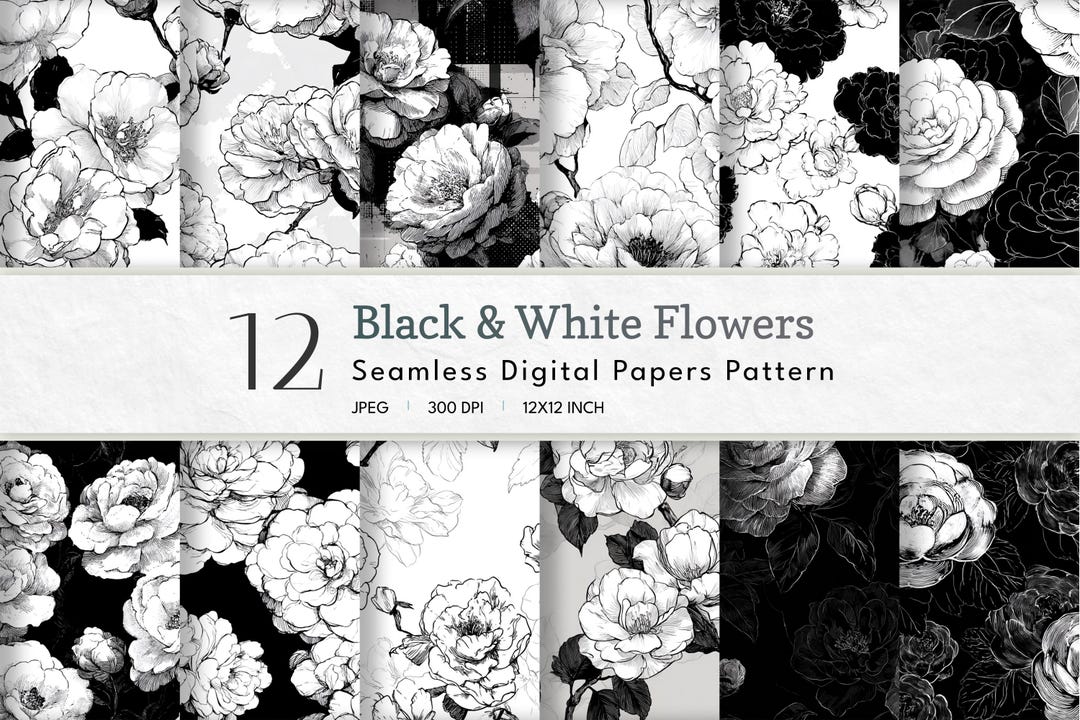 Black & White Flowers Digital Paper | Seamless Patterns | Floral ...