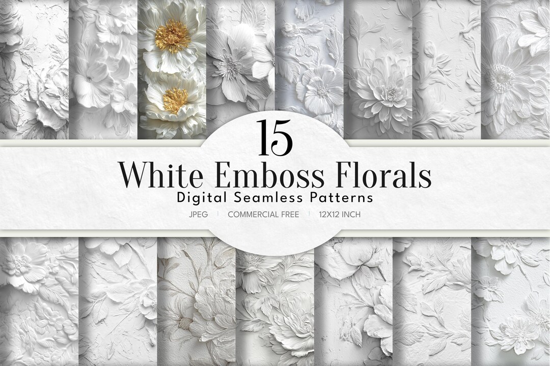 Flowers Digital Paper | Commercial Use | Emboss White Flower ...