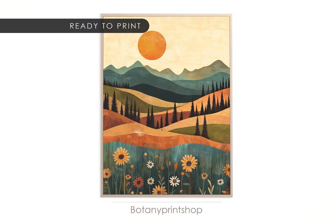 Boho Mountain Sunset Landscape Art Print | Earth Tones Sunset ...