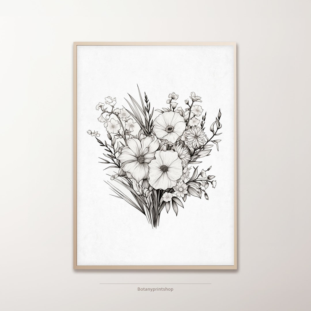 Flower Bouquet Line Art Portrait Illustration Print, White Modern ...