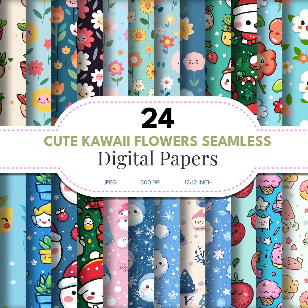 24 Cute Kawaii Flowers Digital Paper | Seamless Digital Patterns | Cute ...