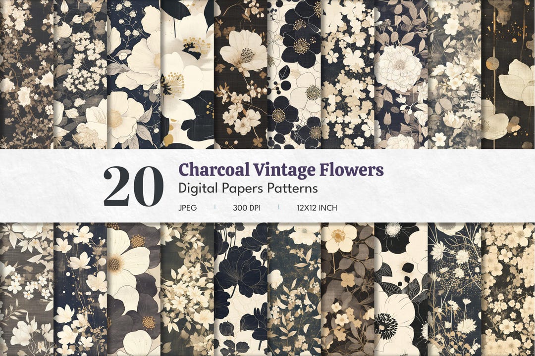 Vintage Floral Digital Paper: Charcoal Botanical Seamless Patterns ...