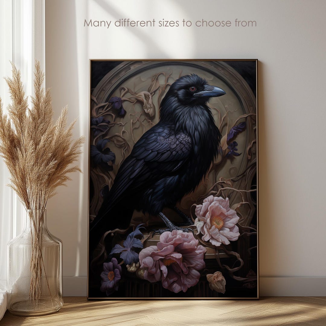 Dark Raven and Flower Oil Painting: Moody Academia Wall Art (instant ...