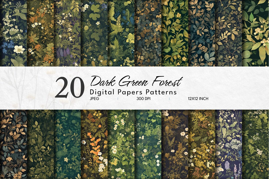 Dark Green Forest Digital Paper | Moody Floral Patterns (instant ...